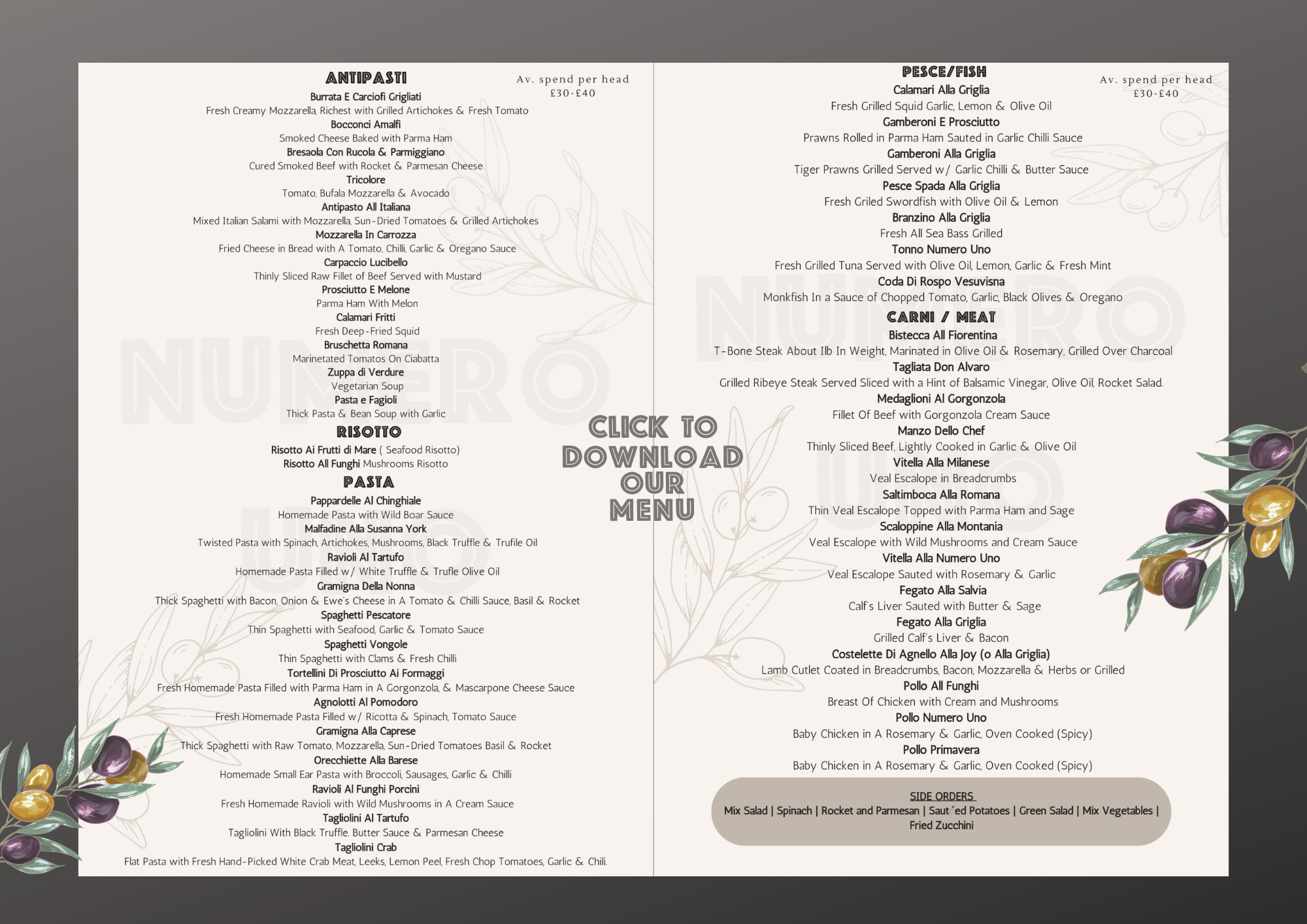 Our Menu Numero Uno Italian Restaurant